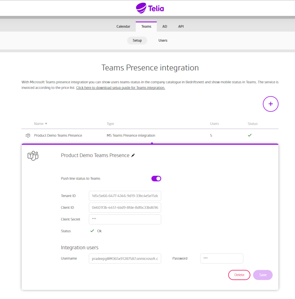 Teams Presence Integration - Telia Smart Connect