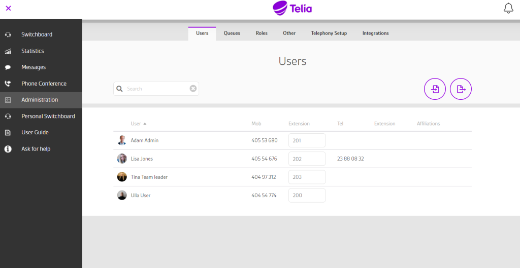 User Administration - Telia Smart Connect